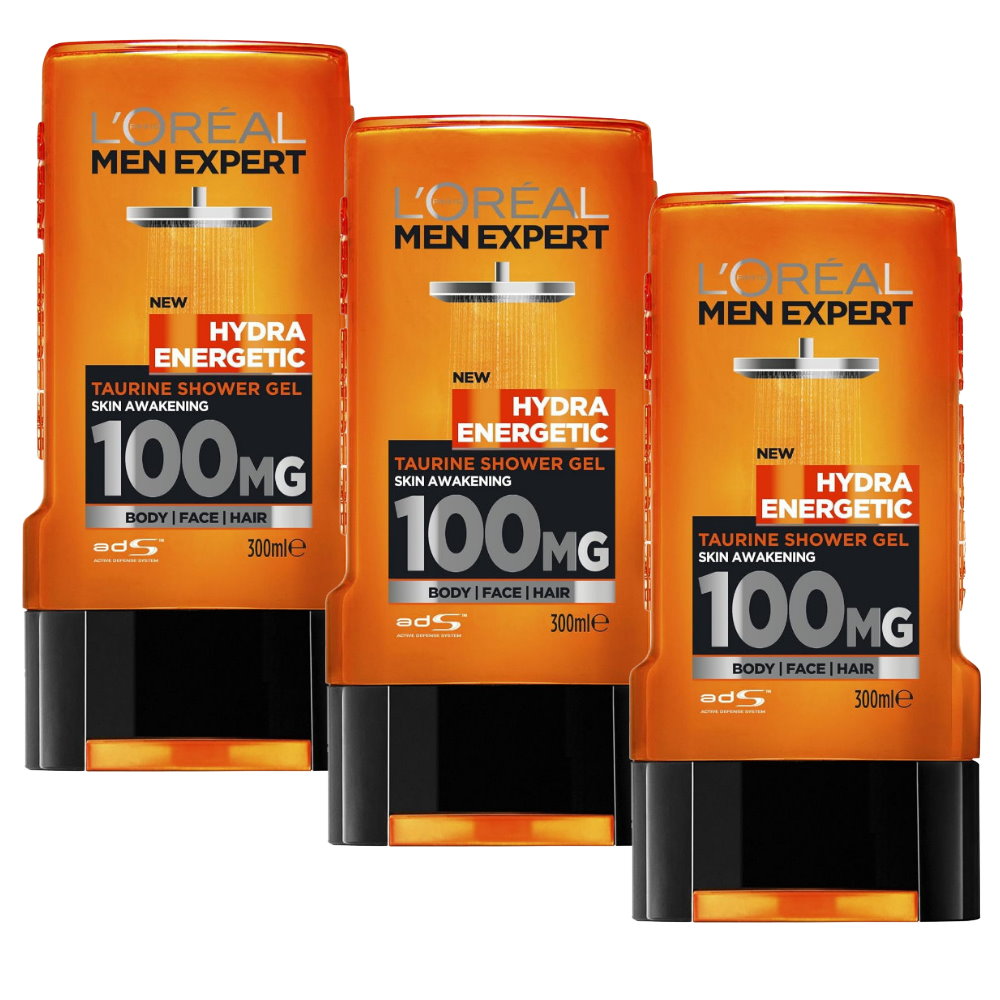 3x L'Oreal Men Expert Hydra Energetic Shower Gel Body Face Hair 300ml - Makeup Warehouse Australia